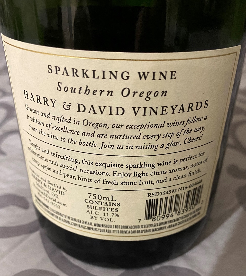 harry and David Vineyards Back label | Talk-A-Vino