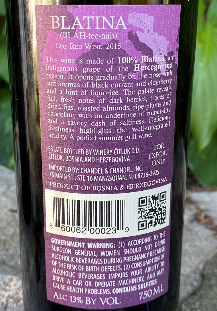 Blatina Back label | Talk-A-Vino
