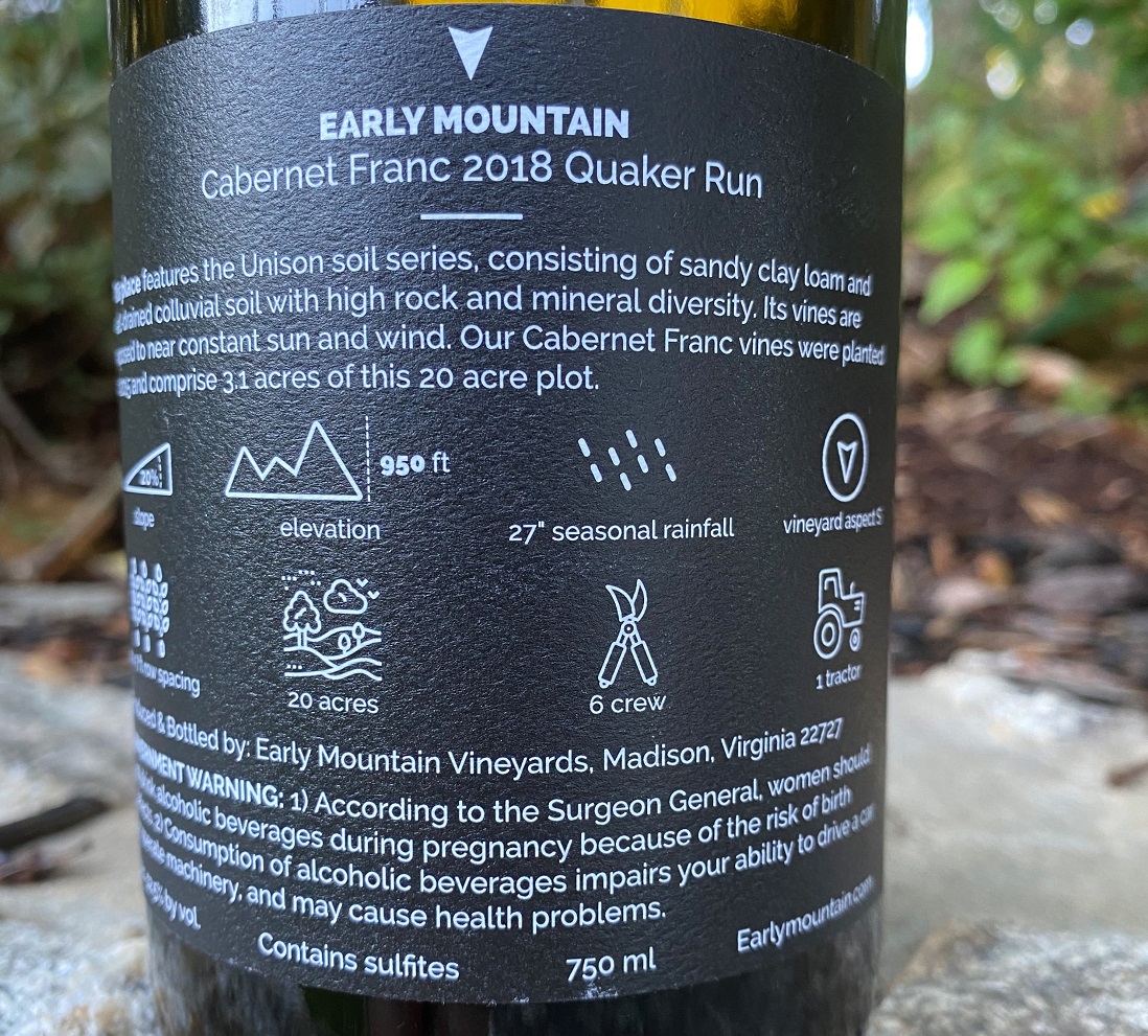 Early Mountain Cabernet Franc Quaker Run back label | Talk-A-Vino